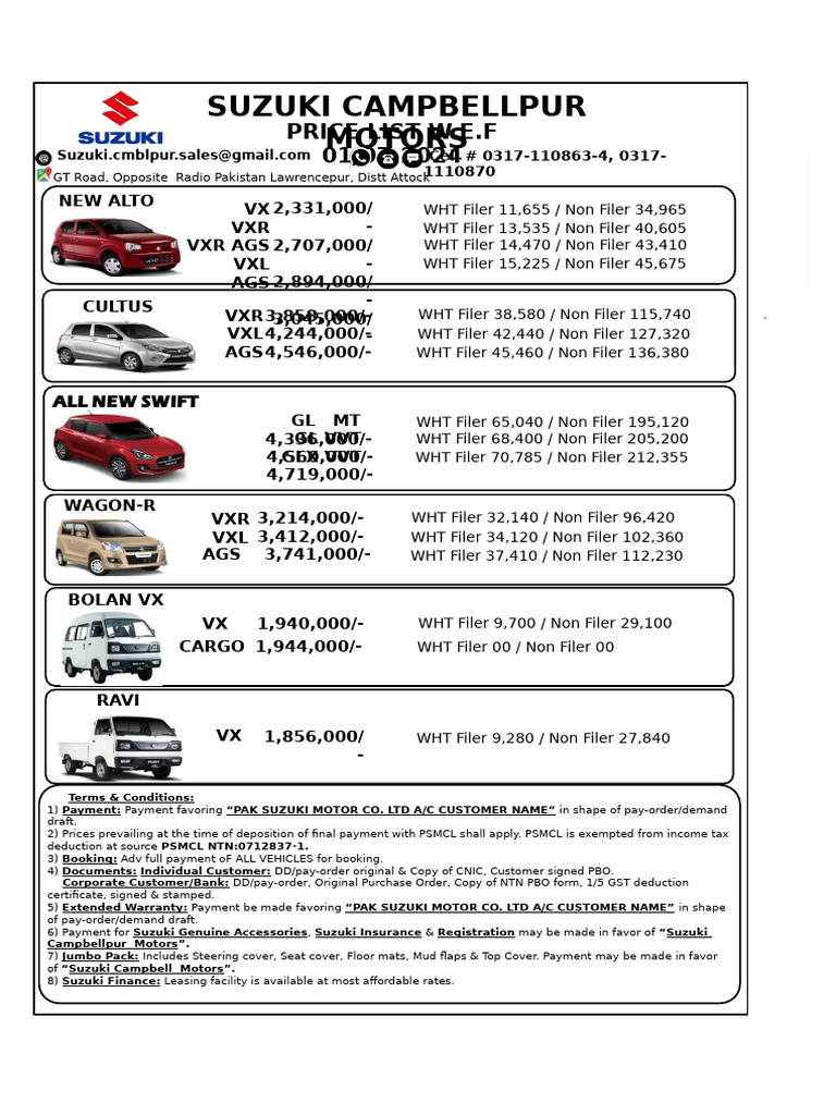 Suzuki Vehicle Price List 2024 | PDF | Taxation | Payments