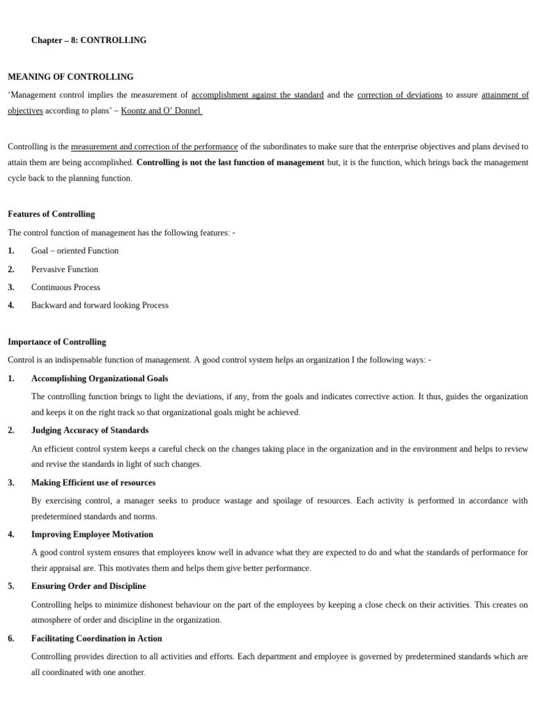 Xii CH 8 Controlling Notes | PDF | Quantitative Research | Planning