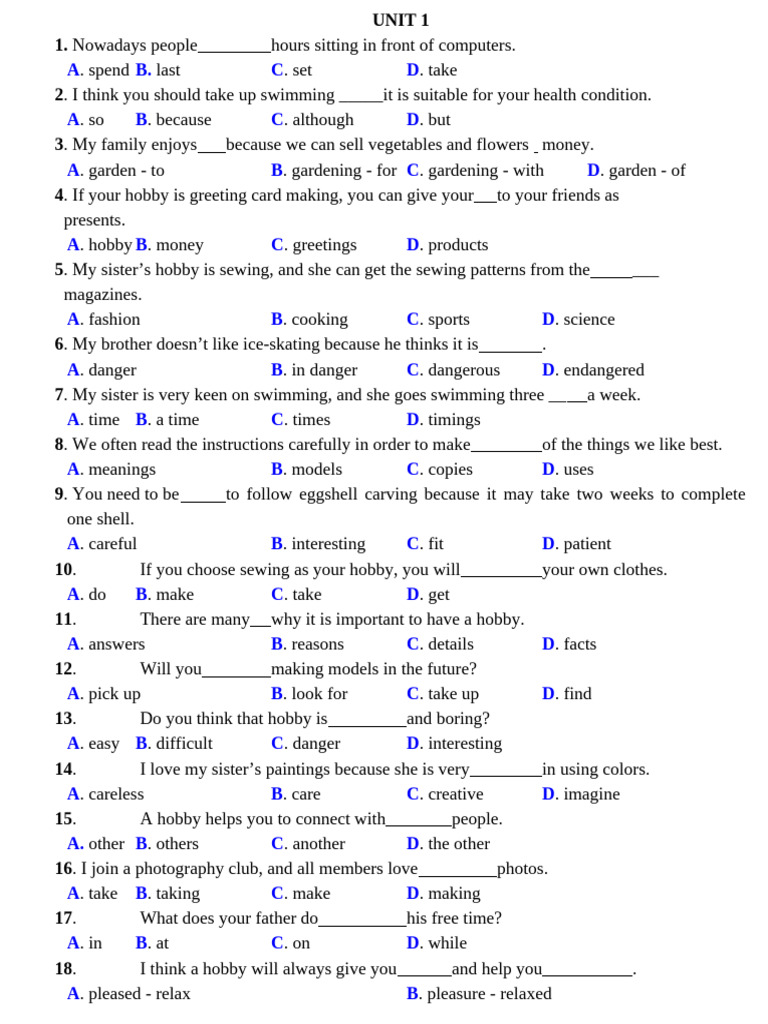 UNIT 1 | PDF | Hobbies