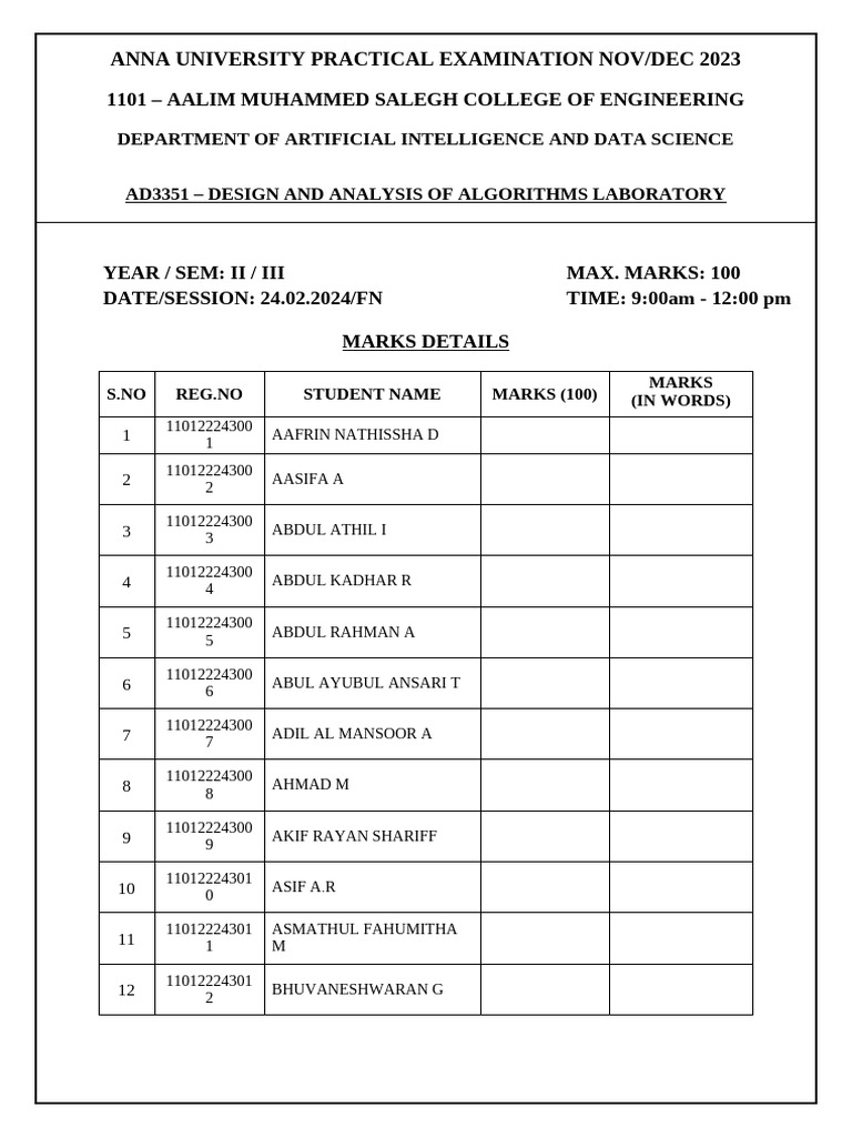 AD3351 DAA VIVA VOCE - mARKS | PDF | Science | Computing