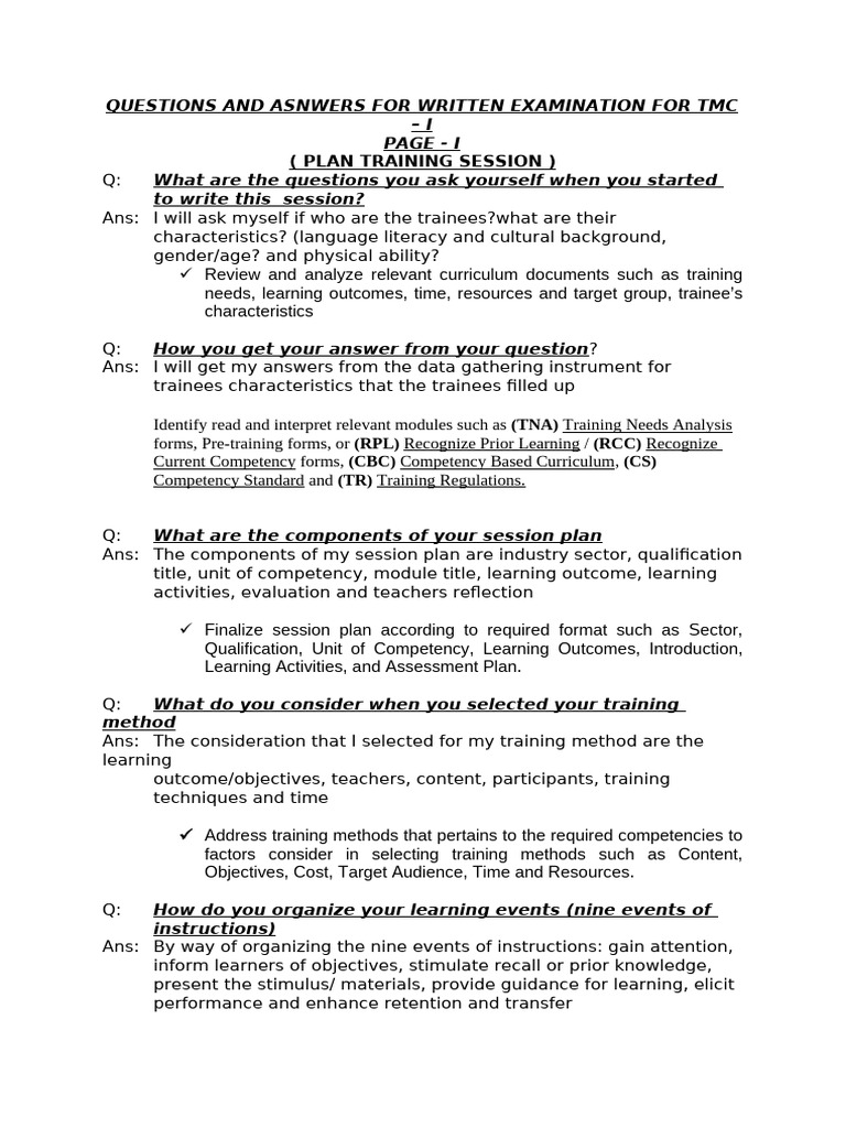Questions and Answers For Written Examination For TMC I | PDF ...