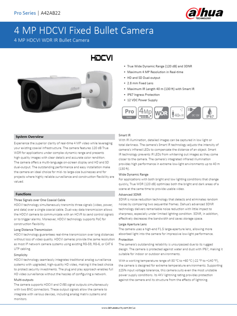 Datasheet 4MP HDCVI Fixed Bullet Camera A42AB22 v001 003 | PDF | Camera ...