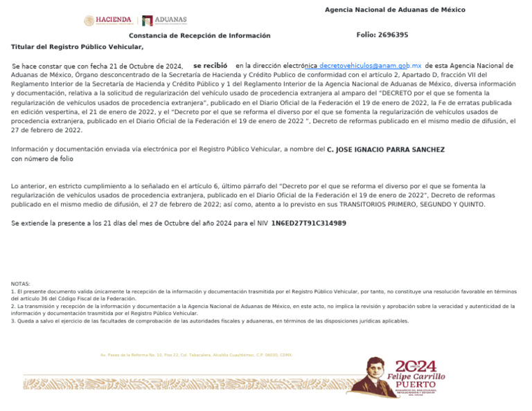 Constancia de Recepción ANAM 2024 | PDF | México | aduana