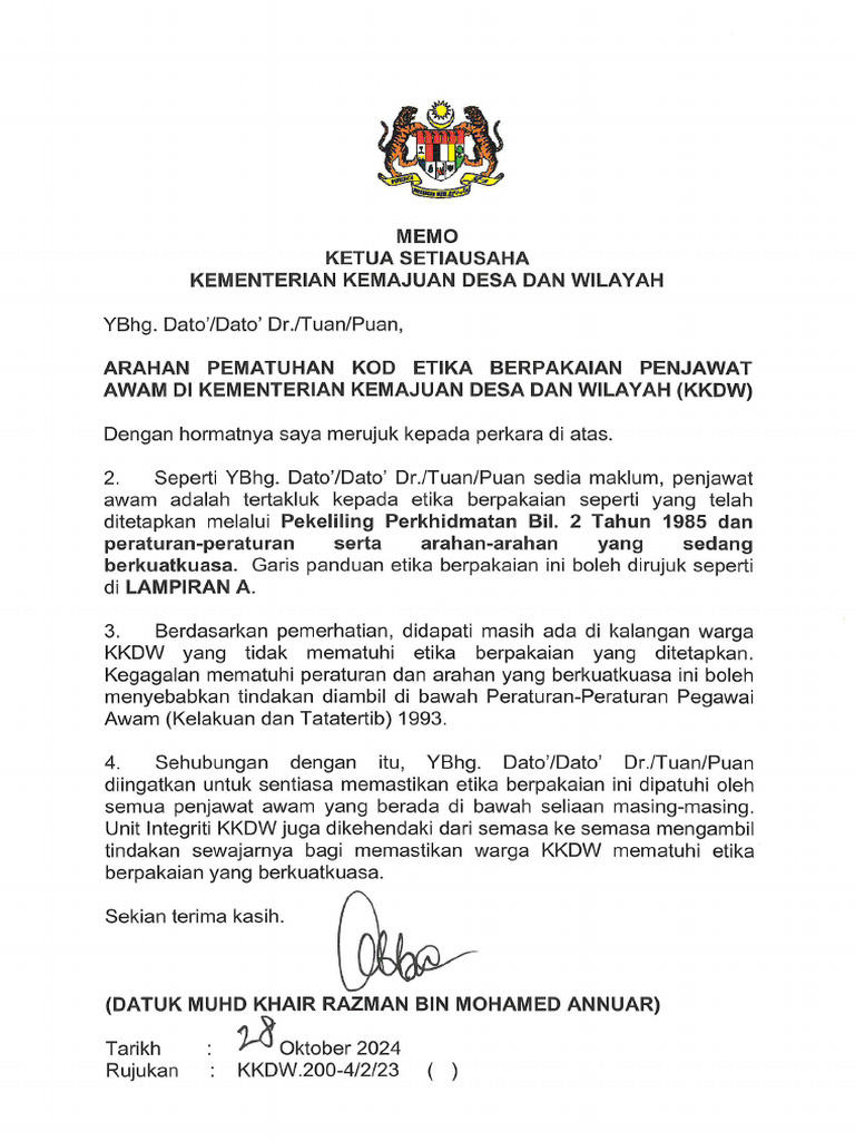 Arahan Pematuhan Kod Etika Berpakaian Penjawat Awam KKDW | PDF