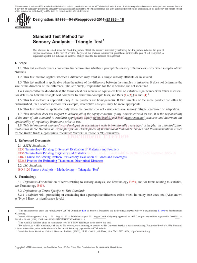 ASTM-E1885-18 Triangle Test | PDF | Sampling (Statistics) | Sensitivity ...