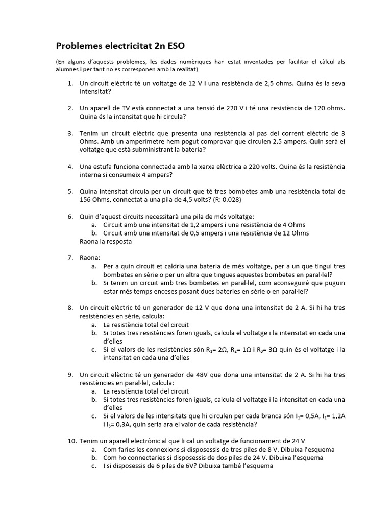 Problemes Electricitat 2n ESO | PDF
