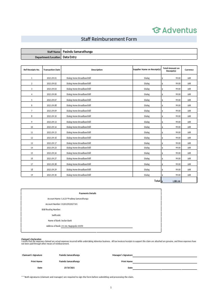 Staff Claim - Sep | PDF | Receipt | Payments