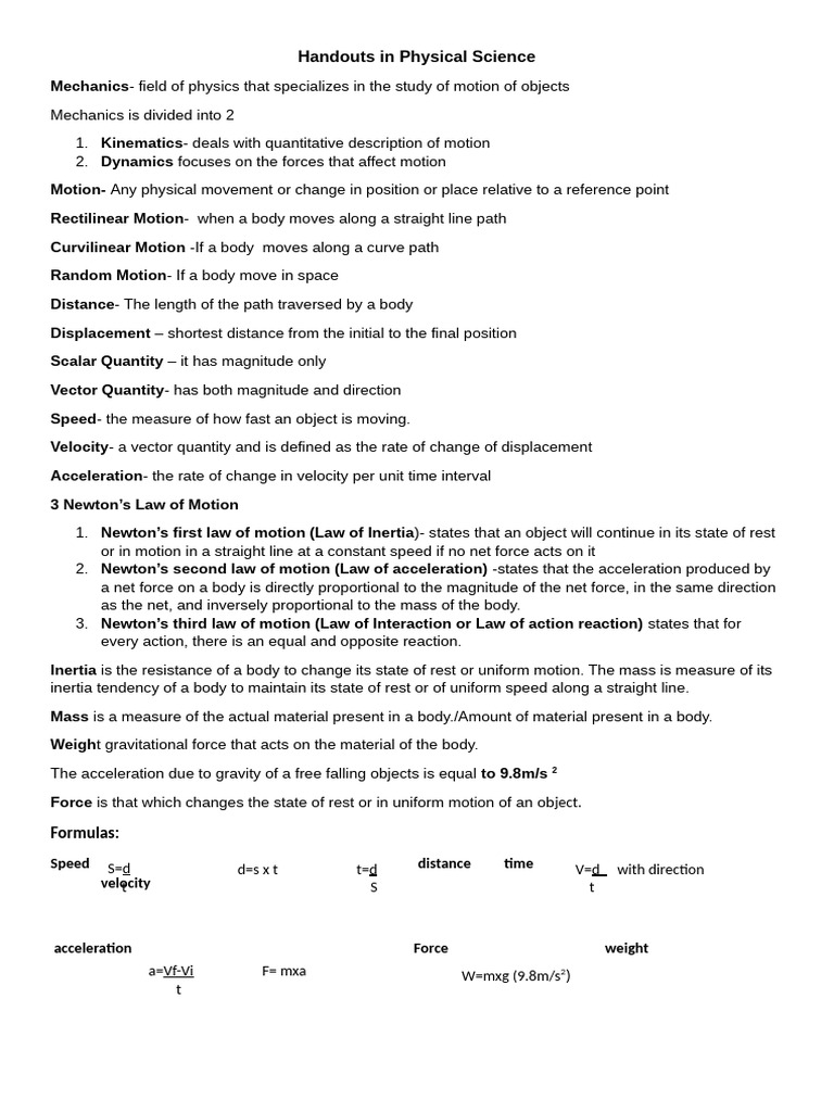 Handouts in Physical Science | PDF | Force | Acceleration