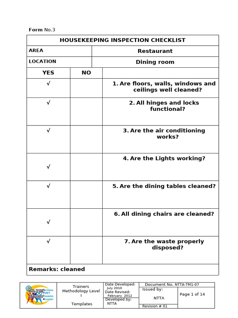 Housekeeping Inspection Checklist | PDF