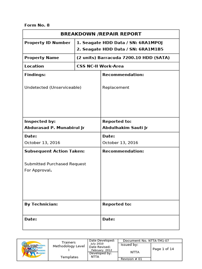 Breakdown Repair Report | PDF | Technology & Engineering