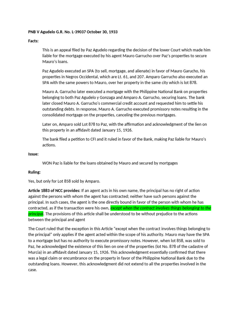 PNB V Agudelo Digest | PDF | Mortgages | Loans