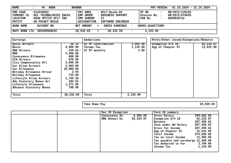 HCL Salary Slip for October 2024 | PDF | Economies | Public Finance