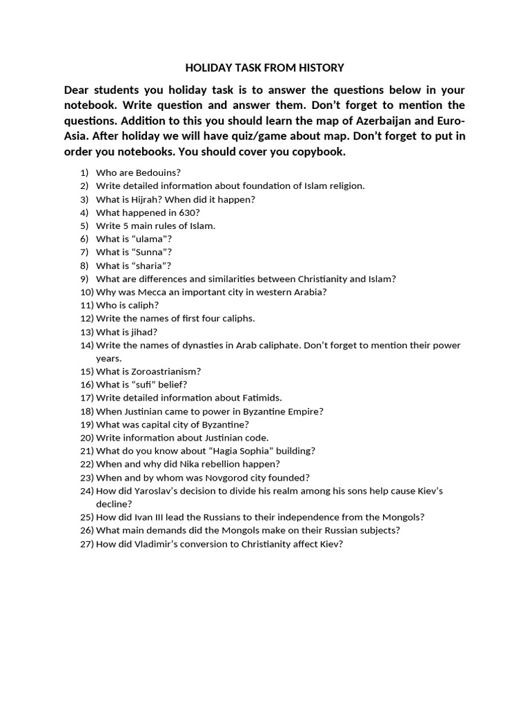History Holiday Task: Map & Questions | PDF