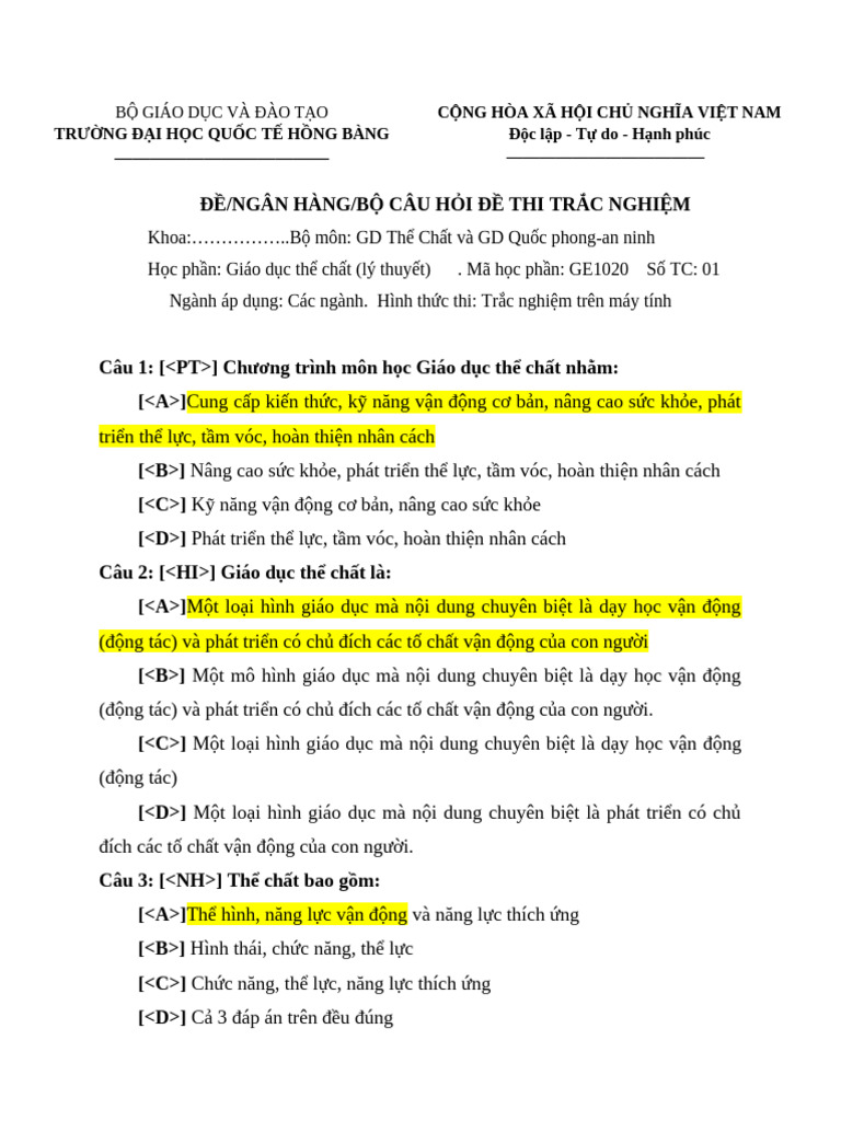 Bộ-ngân-hàng-câu-hỏi-GDTC 1p2 | PDF