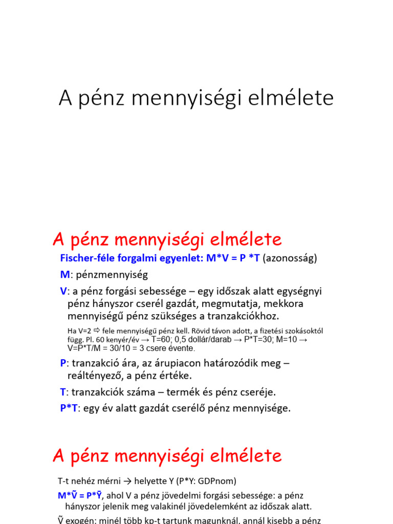 A Pénz Mennyiségi Elmélete Szeminárium | PDF