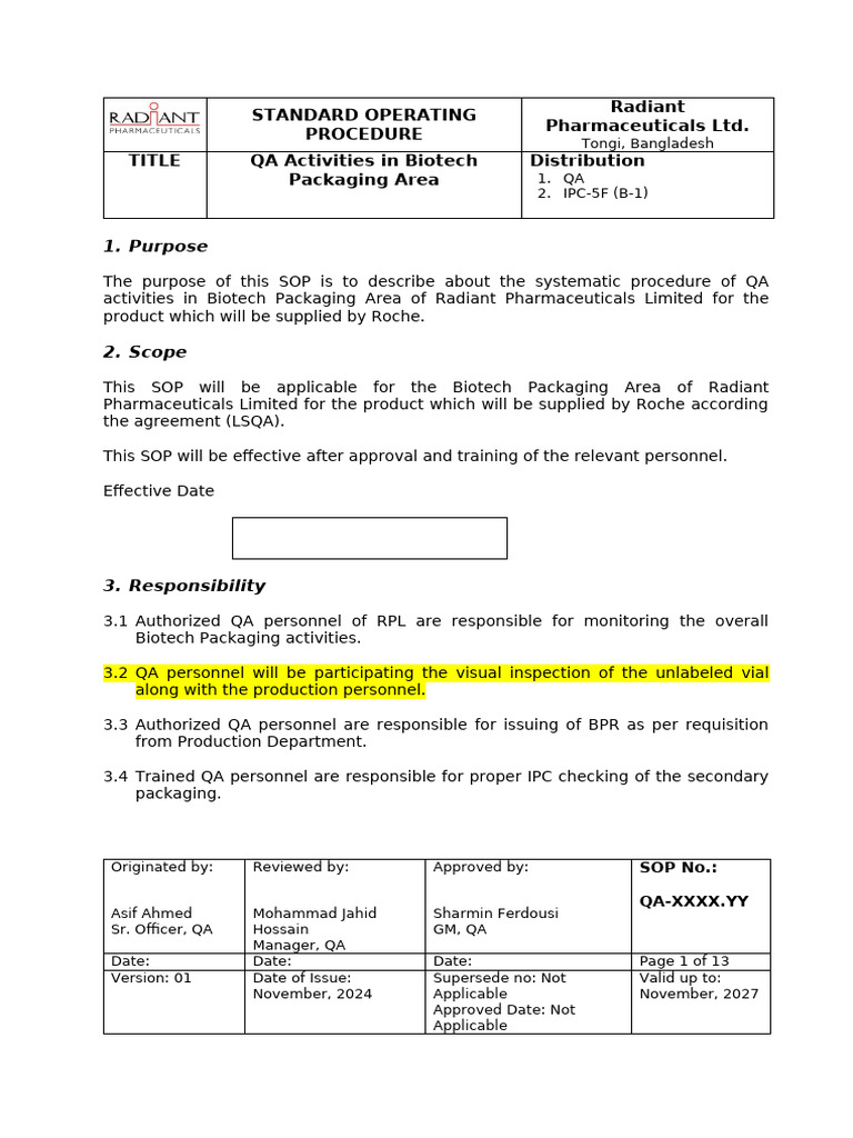 SOP For Biotech | PDF | Quality | Production And Manufacturing