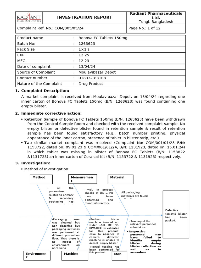 Market Complaint of BONOVA As Per SOP of Root Cause Analysis | PDF