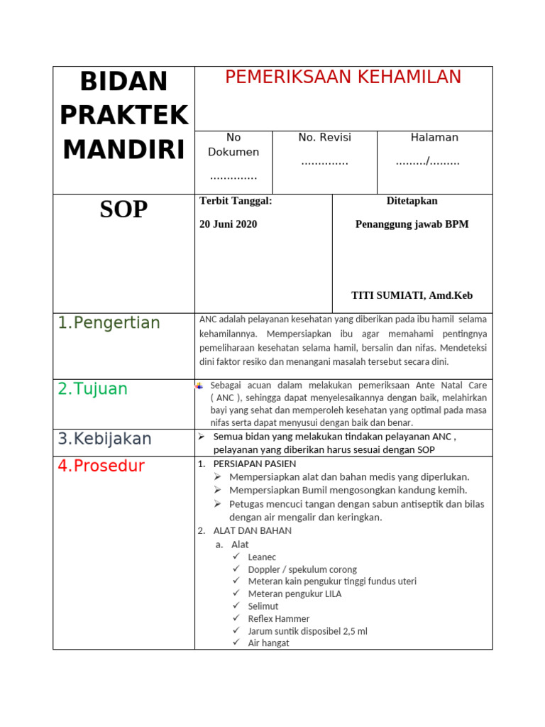 Sop Pemeriksaan Kehamilan | PDF