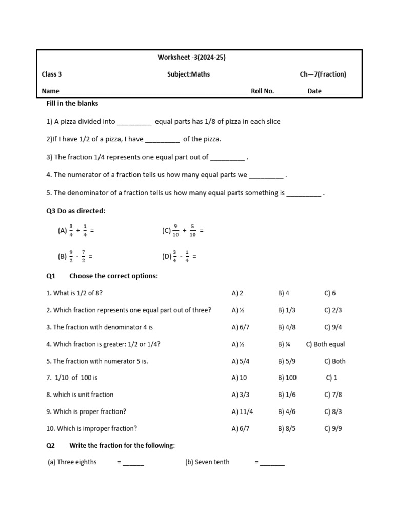 Fraction 1/2 Worksheet for Class 3 | PDF | Teaching Methods & Materials ...