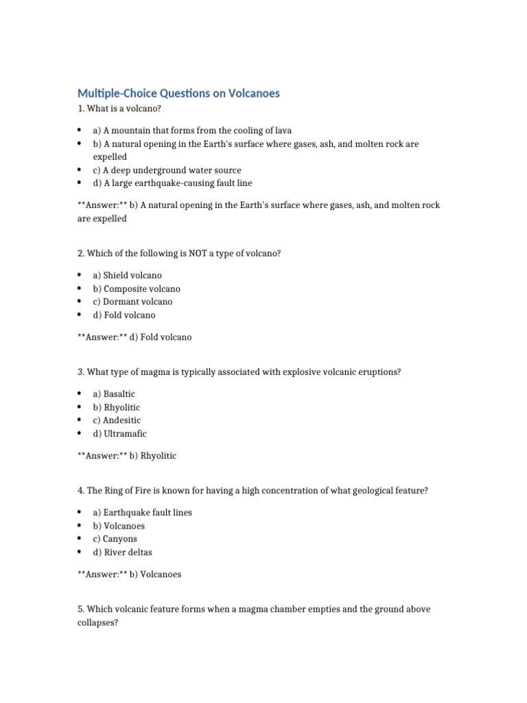 Volcano MCQs With Answers | PDF | Volcano | Lava