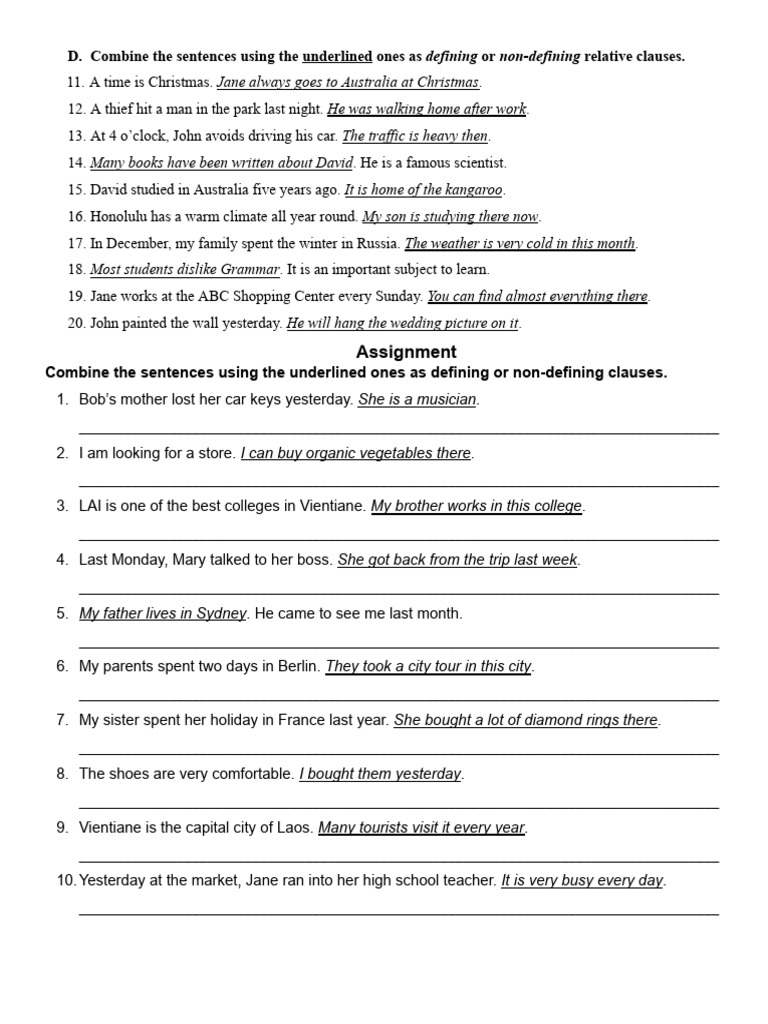 Combine Sentences with Relative Clauses | PDF | Language Arts ...