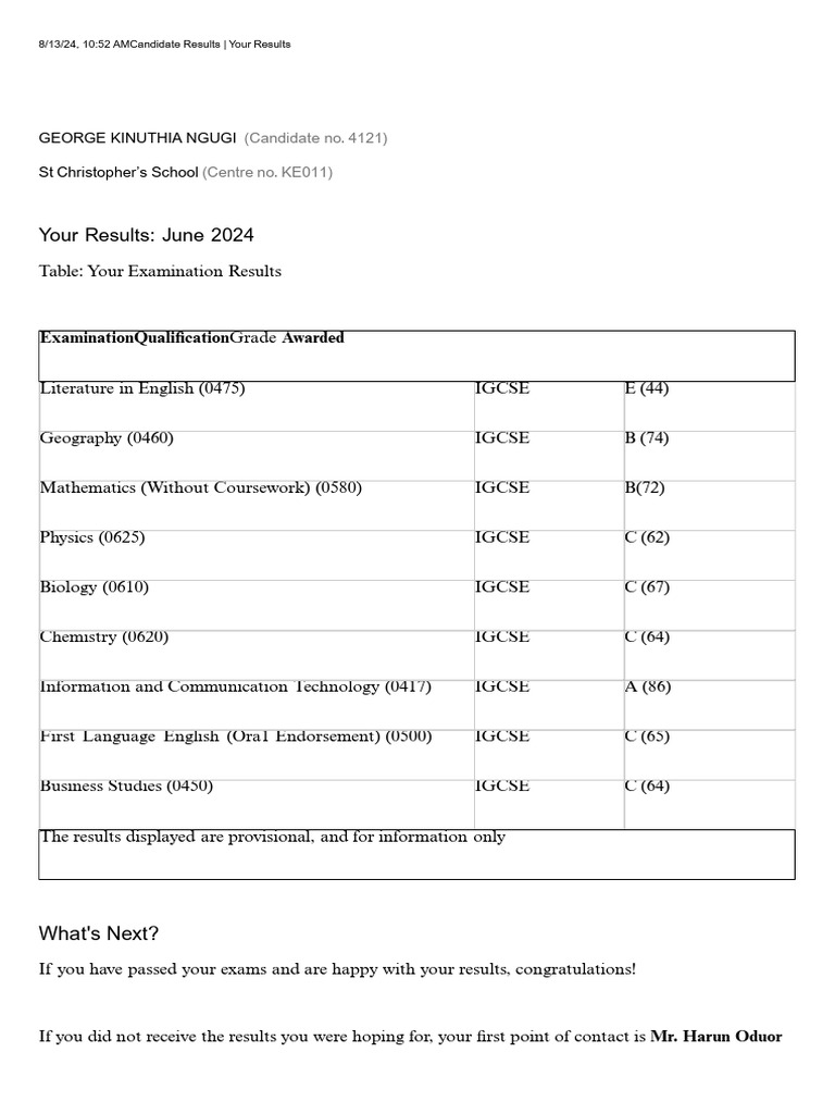81324, 1052 AMCandidate Results Your Results | PDF | Science & Mathematics