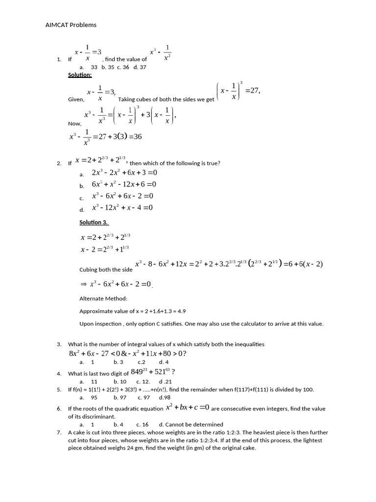 AIMCAT Math Problem Solutions | PDF | Area | Mathematical Concepts