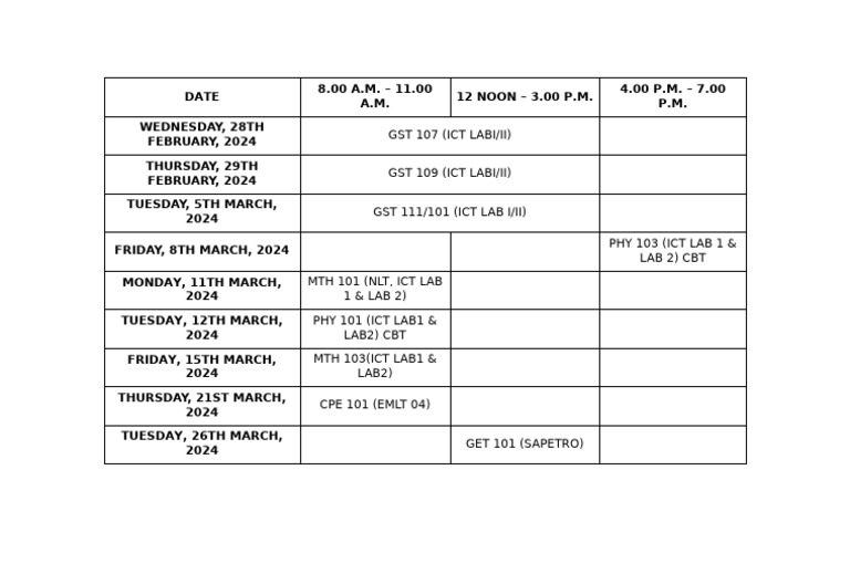 100lvl Cpe First Semester 2023-2024 Academic Session Examination Timetable-1 | PDF