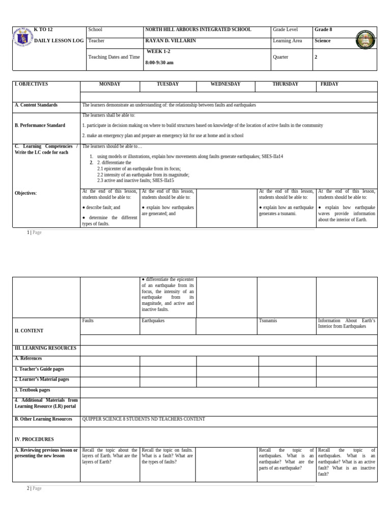 DLL Science 8 Q2 | PDF | Meteoroid | Seismology