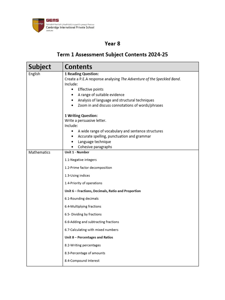Year 8 Term 1 Assessment Overview | PDF | Ratio | Linguistics