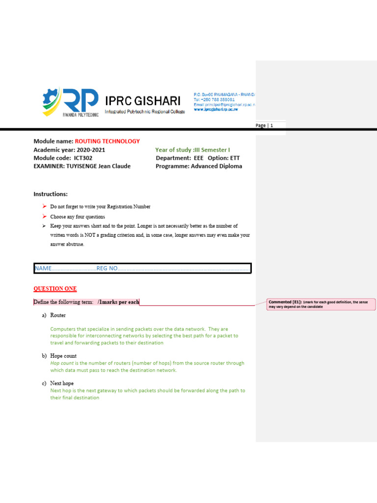 CAT1-2021 - Answers PDF | PDF | Router (Computing) | Routing