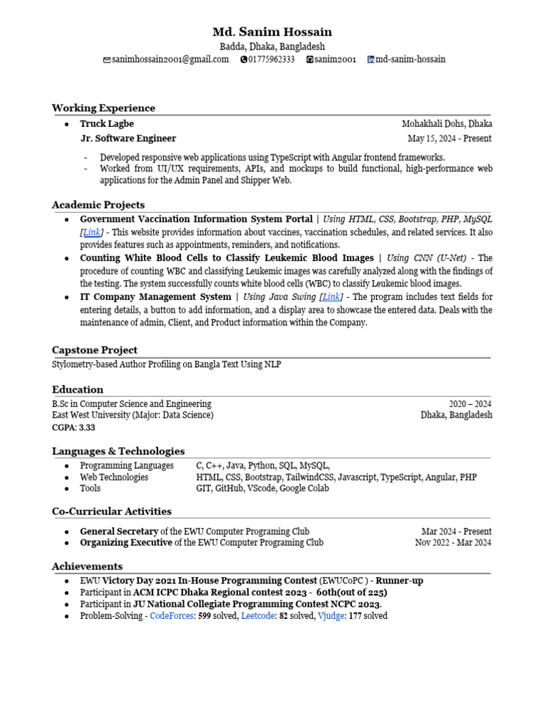 Sanim Hossain CV 2 | PDF | Software Development | Computer Programming