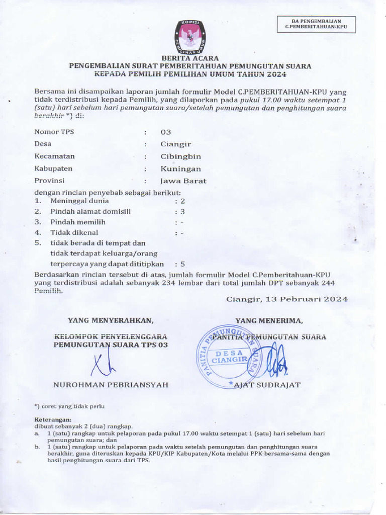 Ba Pengembalian C.pemberitahuan Kpu - TPS 03 | PDF