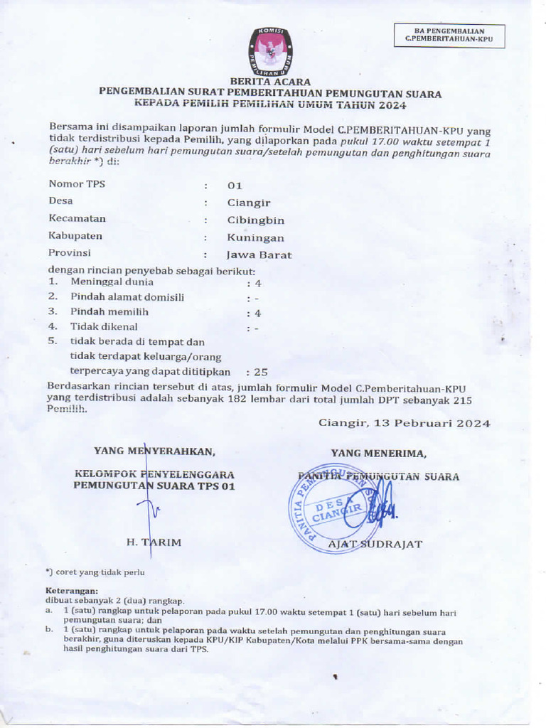 Ba Pengembalian C.pemberitahuan Kpu - TPS 01 | PDF