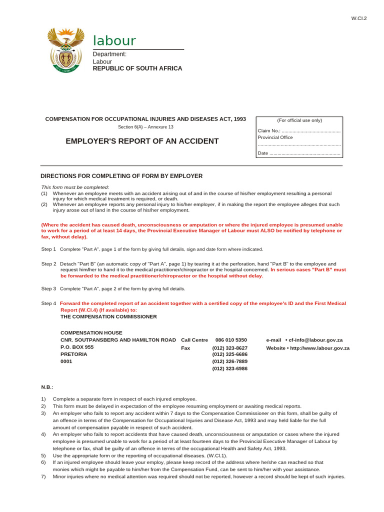 Form - COID - W.cl.2 - Employers Report of An Accident | PDF ...