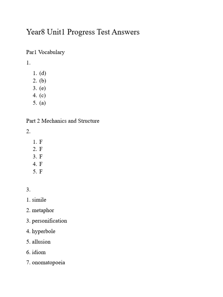 Year 8 Unit 1 Test Answer Key | PDF | Language Arts & Discipline ...