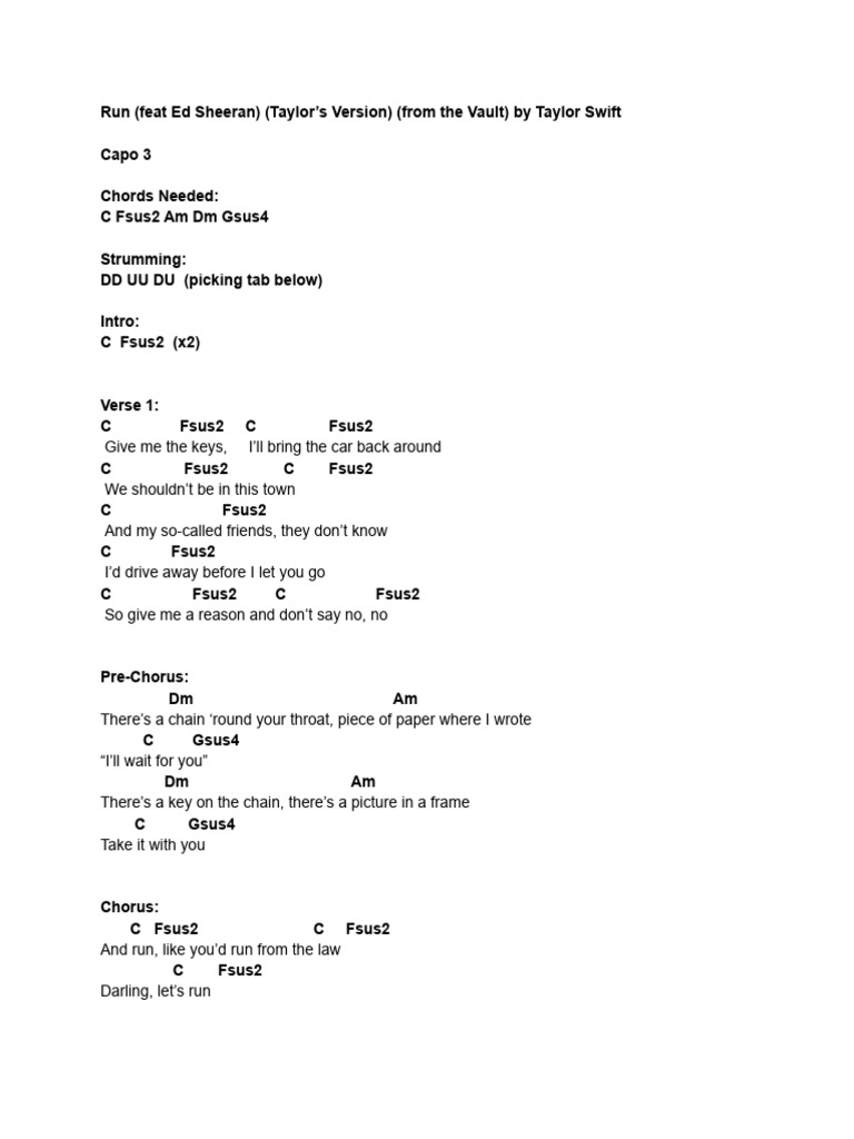 Run Chords & Lyrics - Taylor Swift | PDF | Song Structure | Singles