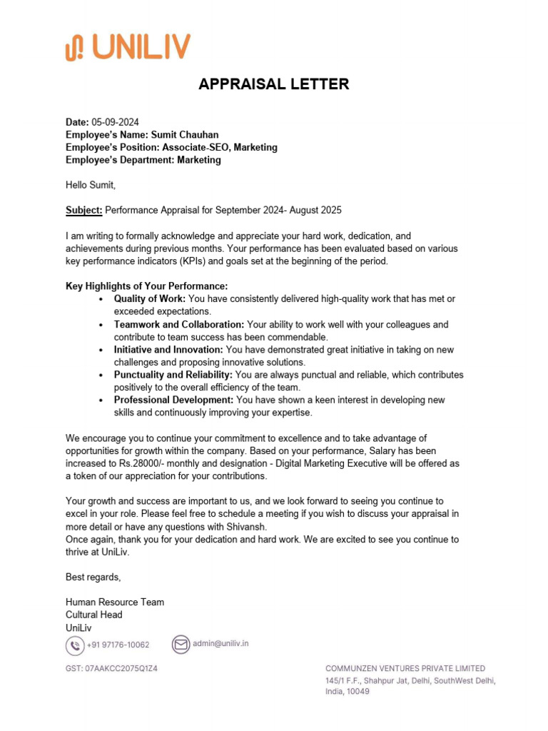 Sumit Appraisal Letter | PDF | Career & Growth