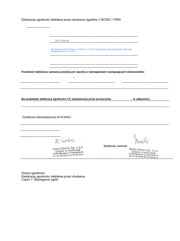 Deklaracja Zgodności Składana Przez Dostawcę (Zgodnie Z ISO/IEC 17050-1 ...