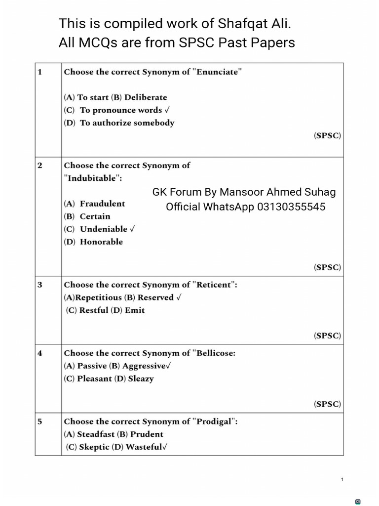 SPSC Past Papers MCQs | PDF