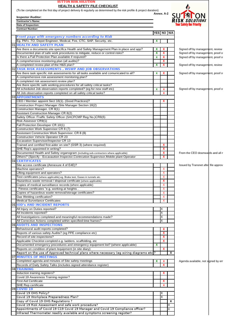 Contractors Health and Safety File Checklist | PDF | Occupational ...