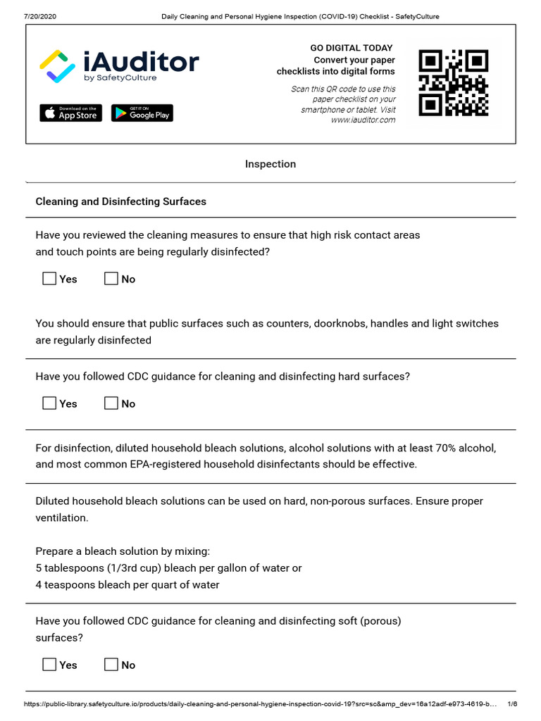 Daily Cleaning and Personal Hygiene Inspection (COVID-19) Checklist ...