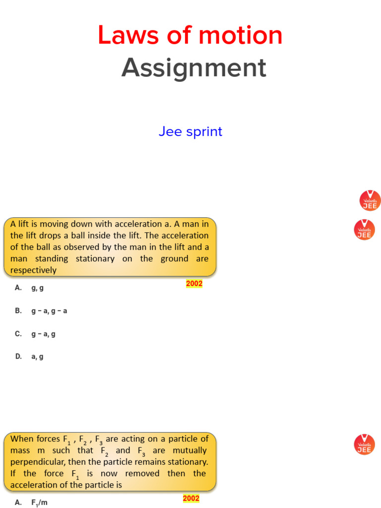 Laws of Motion Assignment Jee Sprint | PDF | Force | Friction
