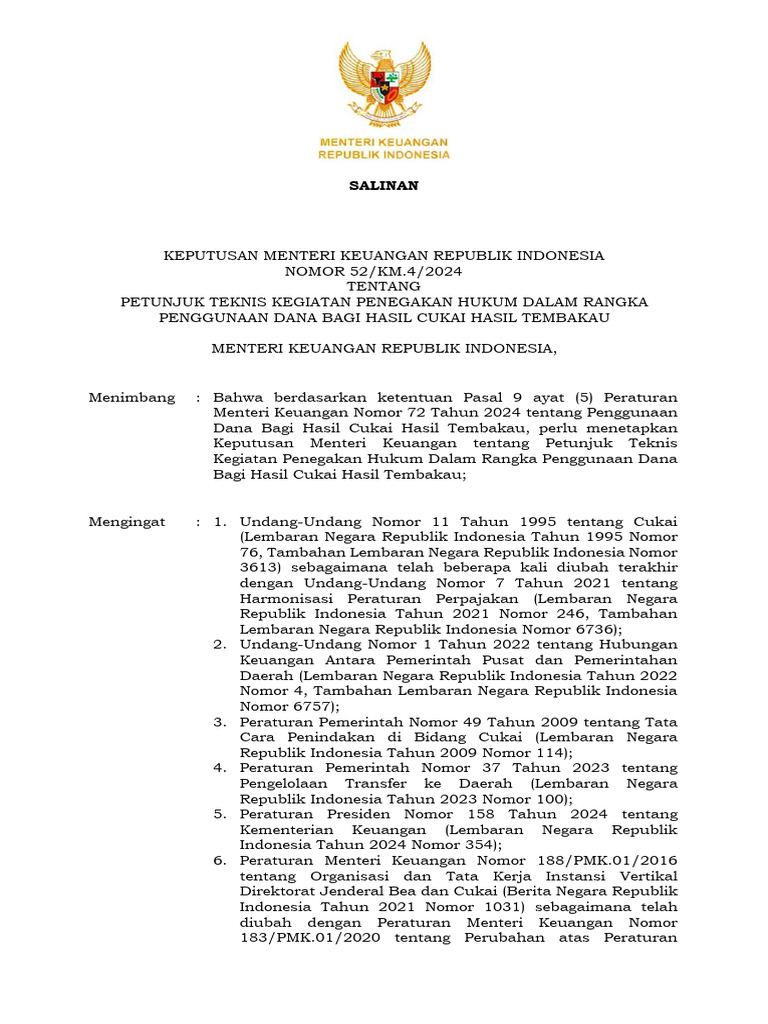 KMK - 52 - KM.4 - 2024 Juknis Kegiatan Penegakan Hukum Dalam Rangka Penggunaan DBH CHT PDF | PDF ...