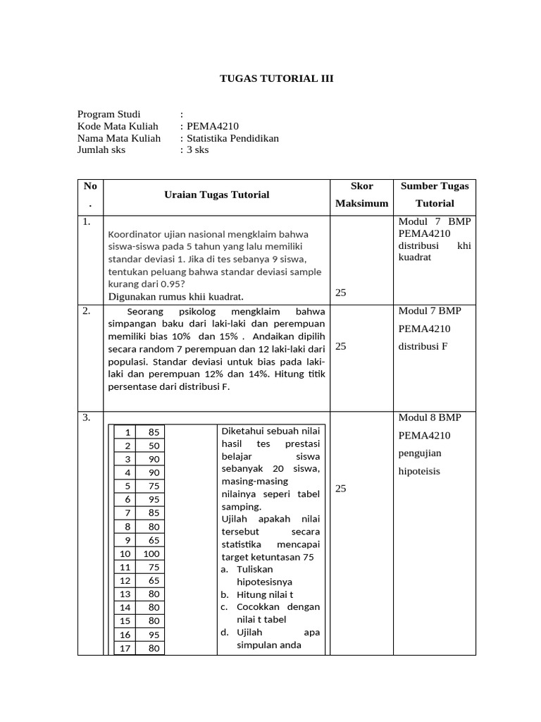 Tugas Tutorial III Statistika Pendidikan | PDF
