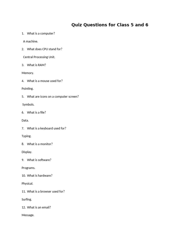 Quiz Questions For Class 5 and 6 | PDF | Machine Learning | Artificial ...