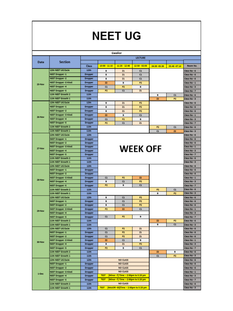 NEET UG Time Table - 2024-25-25nov-1dec | PDF | Standardized Tests | Tests