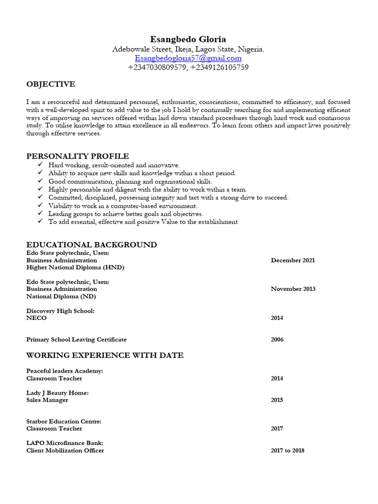 Gloria CV | PDF | Microfinance | Teachers