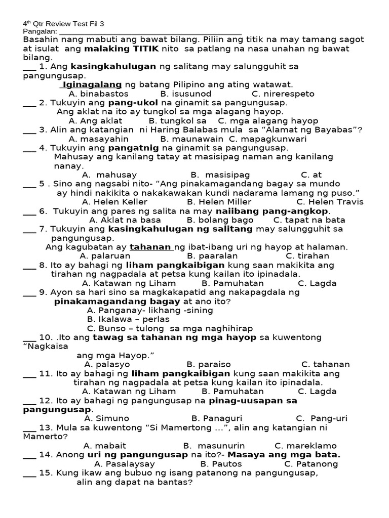 4th QTR Review Test Fil 3 | PDF