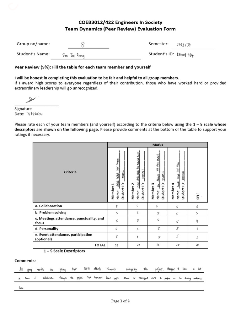 Team Dynamics (Peer Review) Evaluation Form (Soo Jia Ruong) (EP01081484 ...